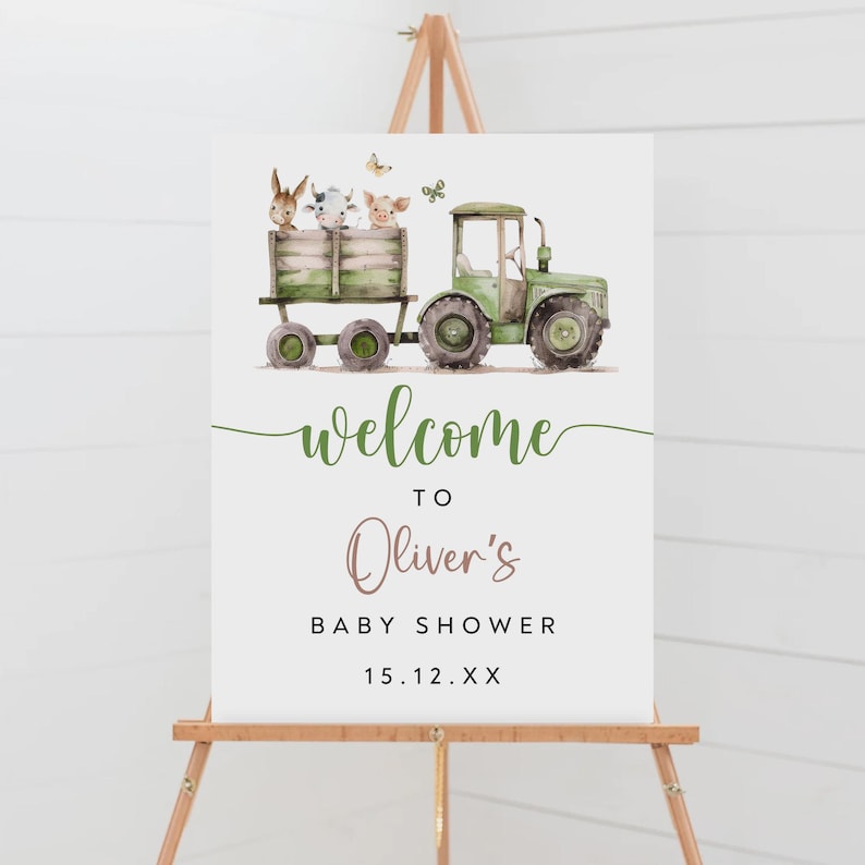 Farm Animals Baby Shower Welcome Sign, Green Tractor (instant Download ...