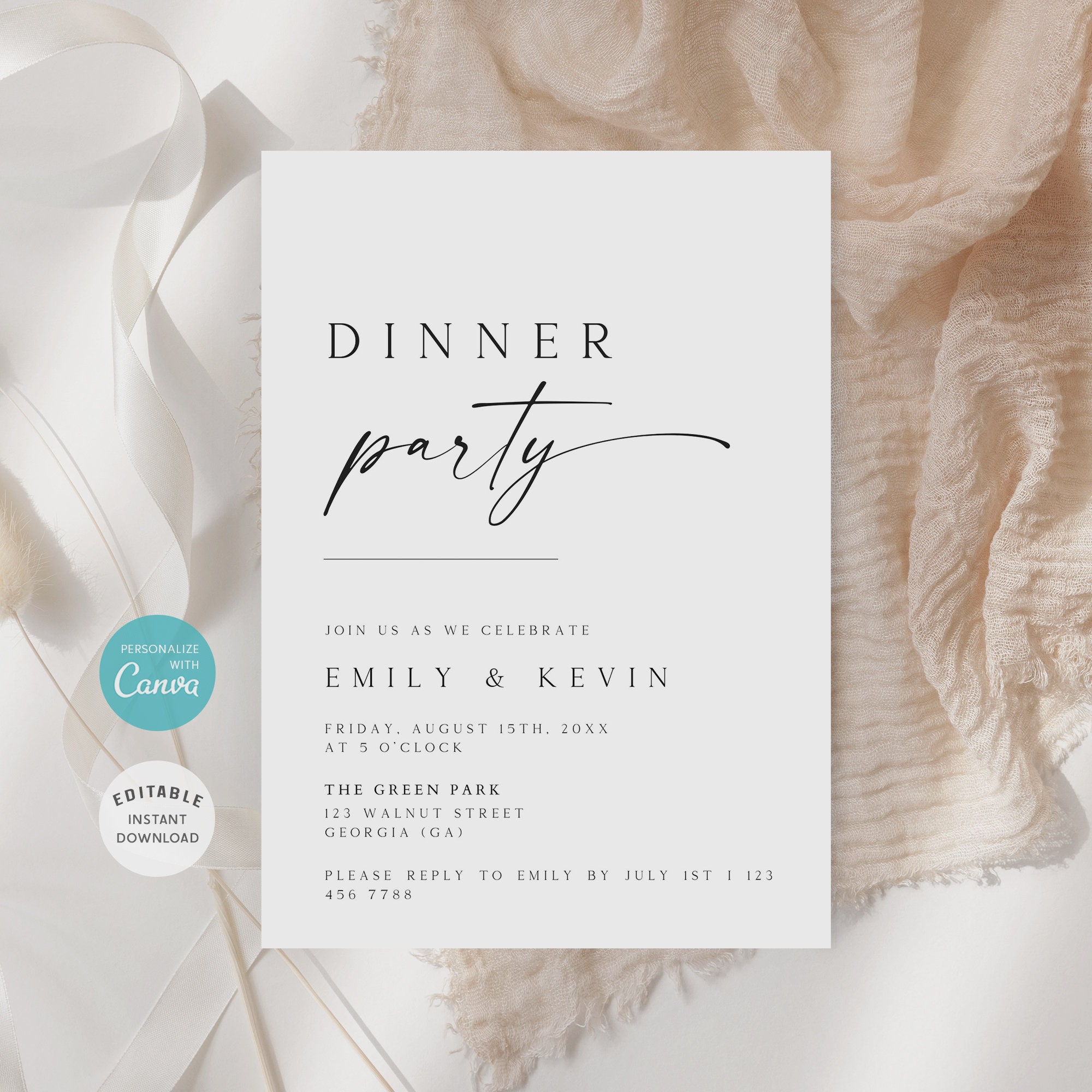 Dinner Party Invitation Template, Minimalist Rehearsal Dinner Invite ...