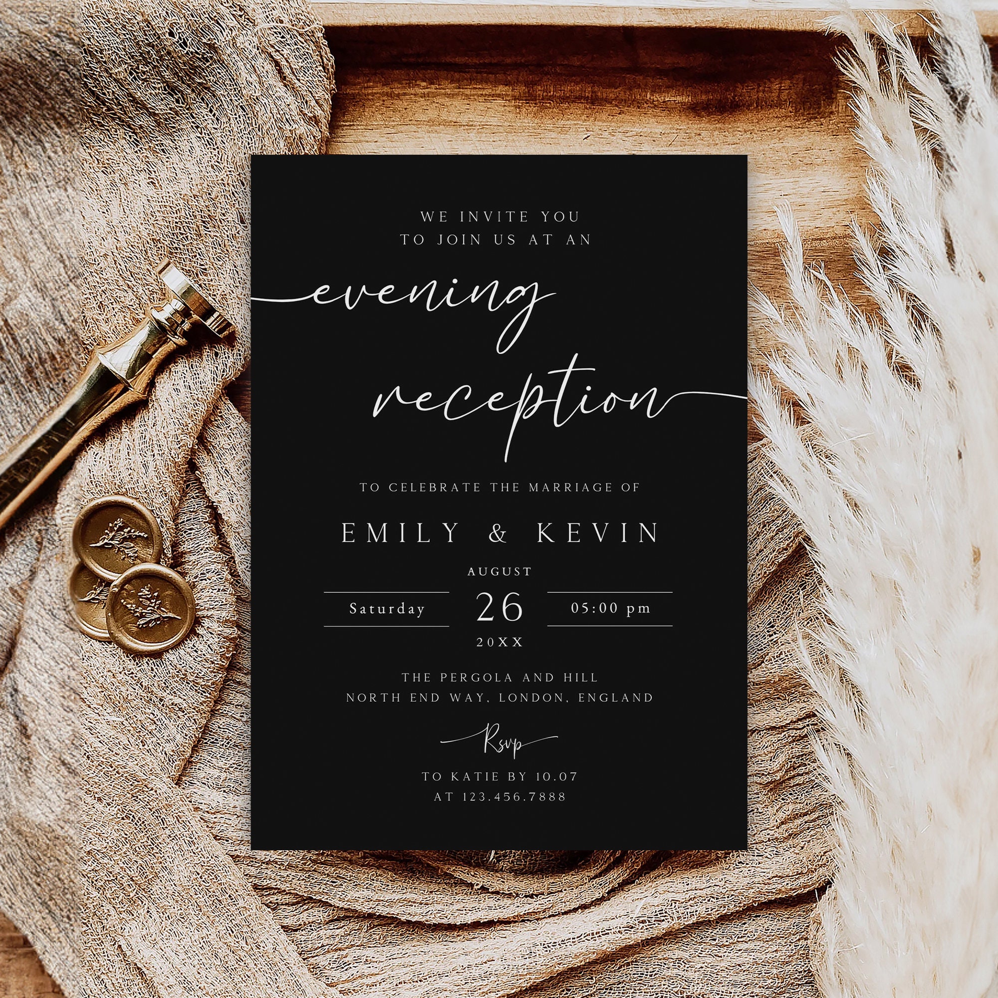 Editable Evening Wedding Reception Party Invitation, Black Wedding ...