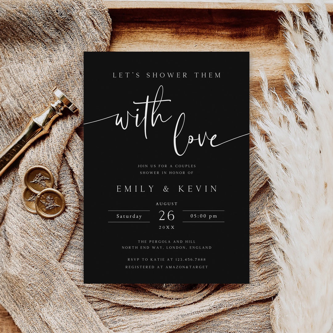 Lets Shower Them With Love Invitation, Couples Shower Invitation, Bridal Shower Invite, Black ...