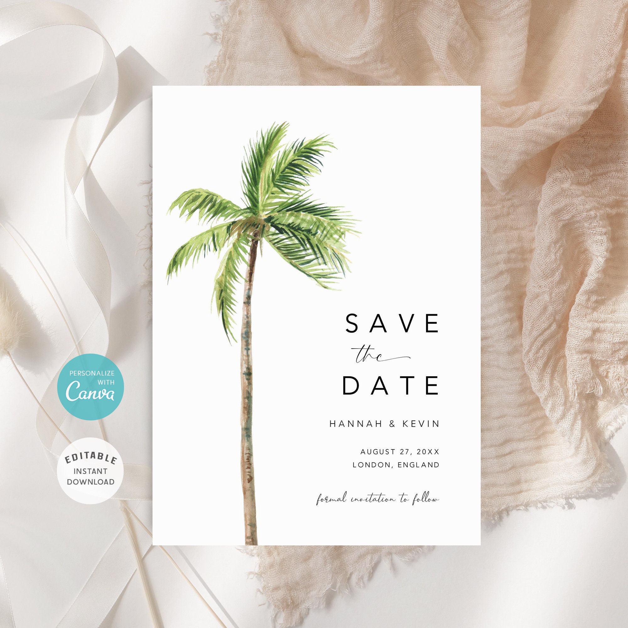 Palm Tree Save the Date Template, Beach Wedding Save the Date Card ...
