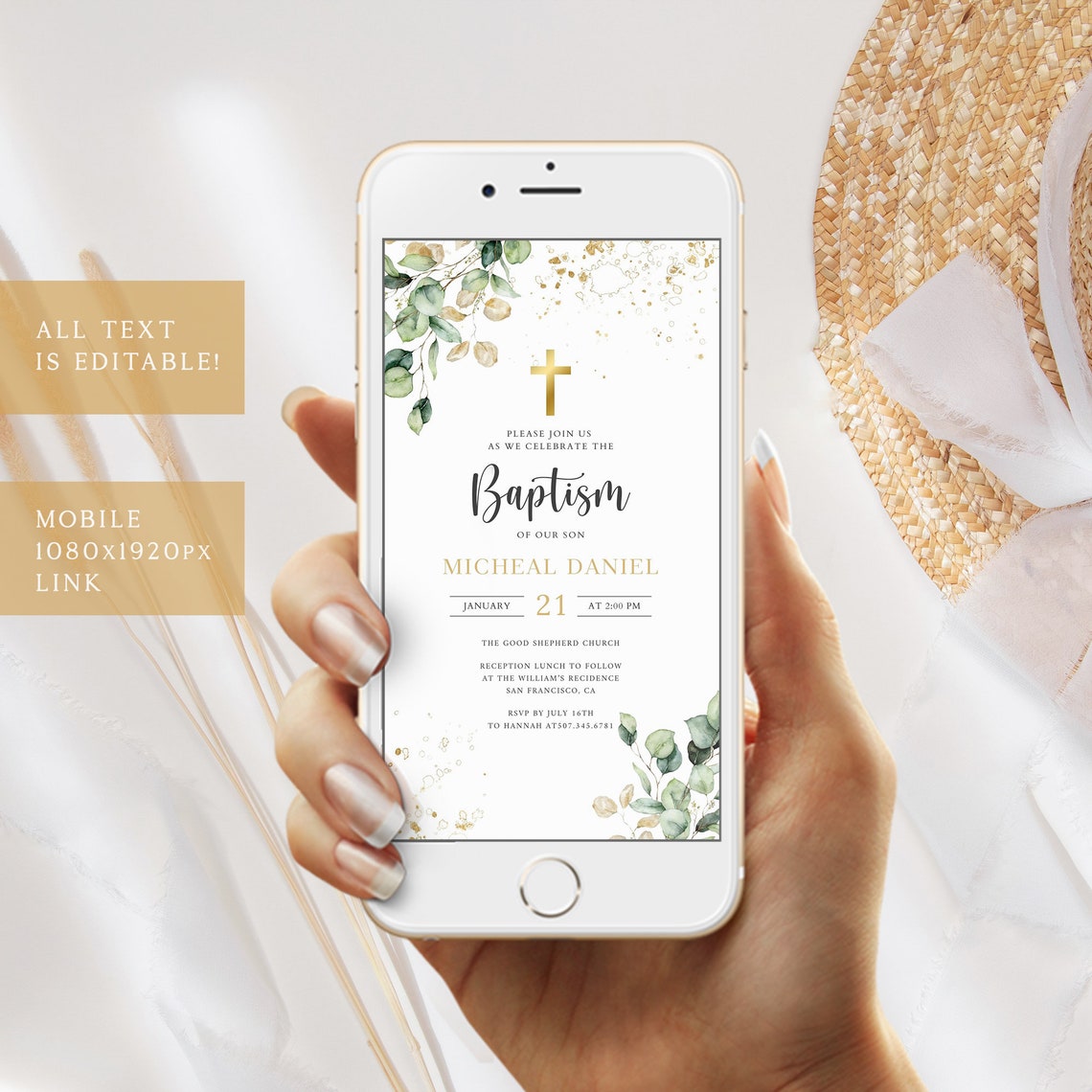 Baptism Invitation Template, Botanical Christening Invite, Eucalyptus ...