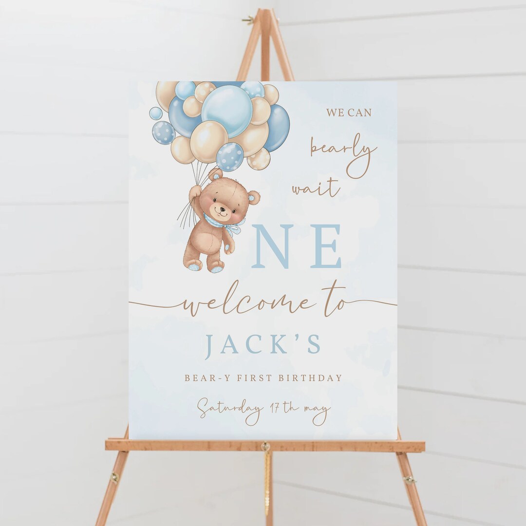 Teddy Bear Birthday Welcome Sign, Editable 1st Birthday Poster, First ...