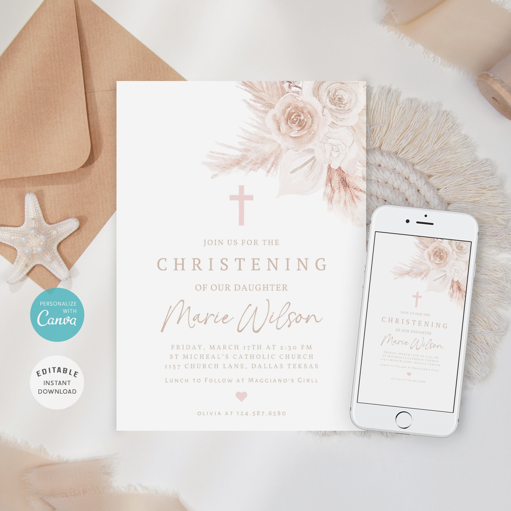 Boho Baptism Invitation Template, Pink Floral Christening Invite, Girls ...