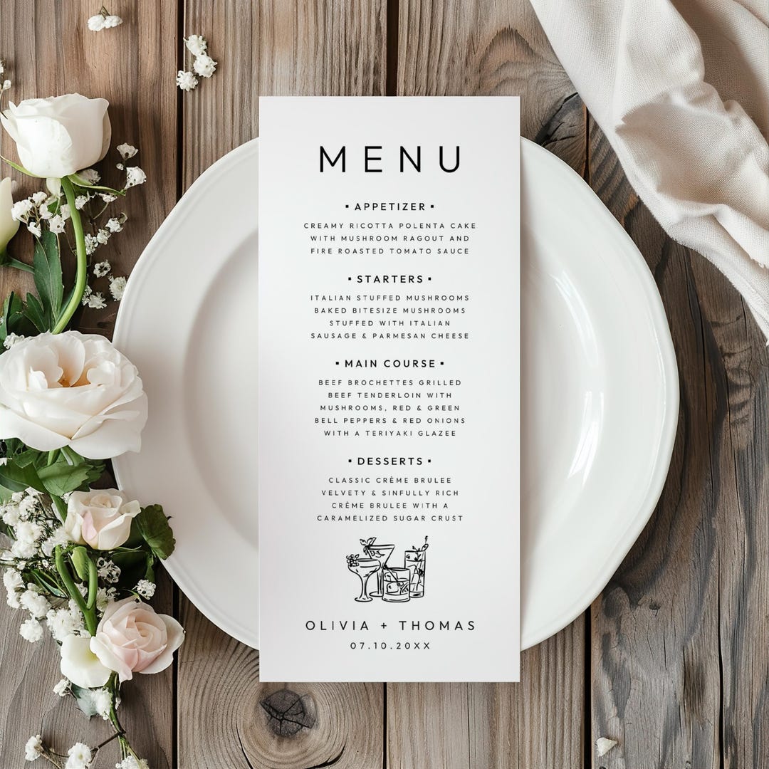 Simple Wedding Menu Card, Modern Brunch Dinner Template, Dijital ...