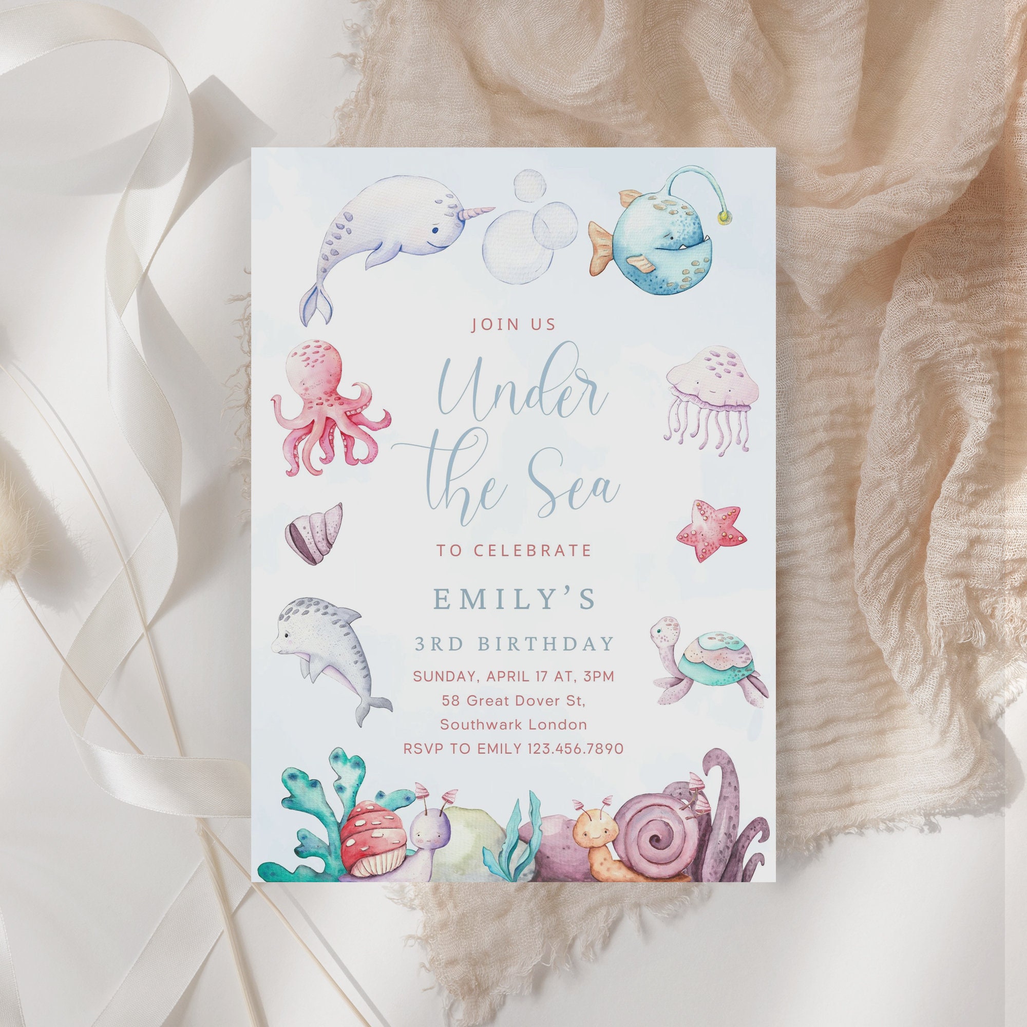 Ocean Birthday Invitation, Under the Sea Party Invite, Ocean Animals ...