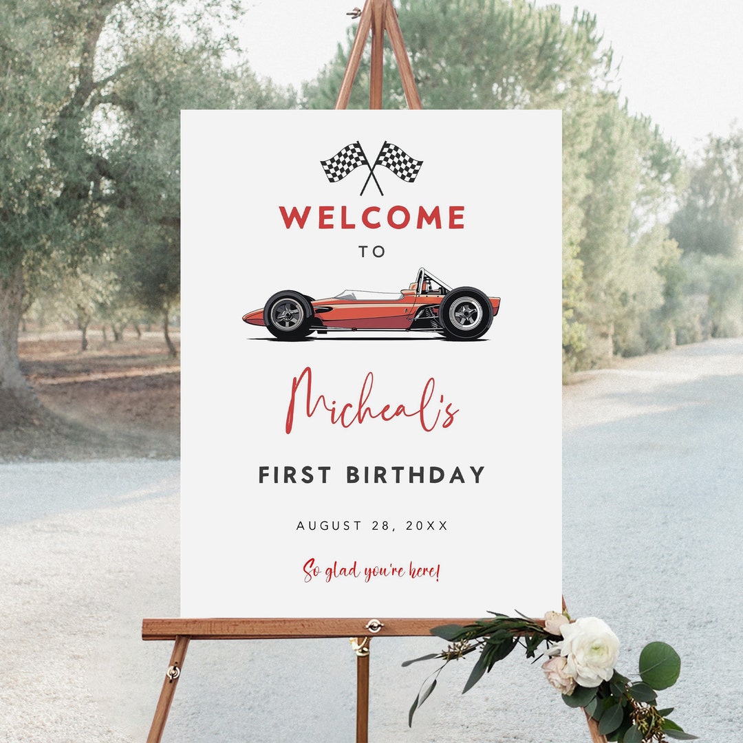 Race Car Birthday Welcome Sign, Red Racing Car Welcome Sign, Editable ...