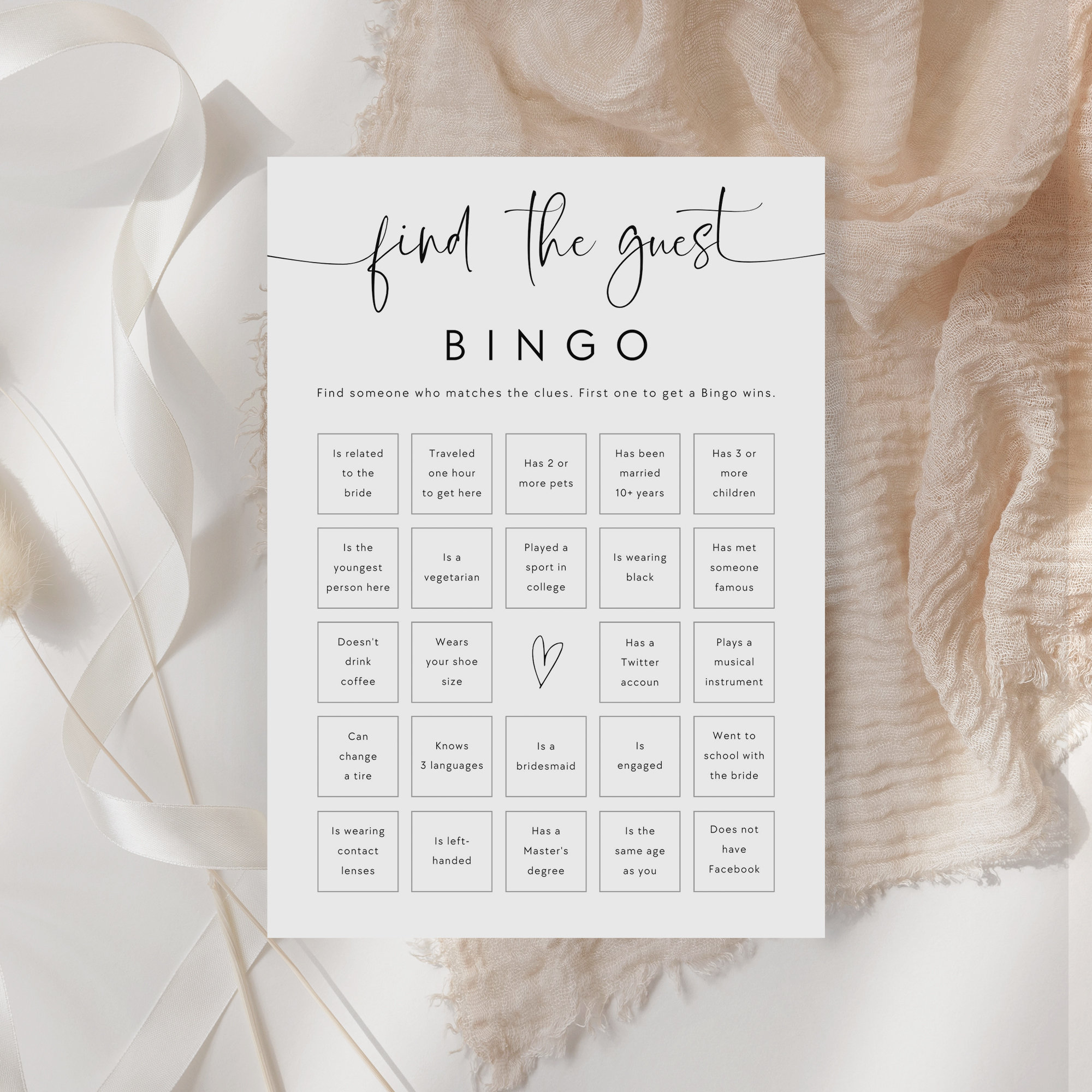 Find the Guest Wedding Bingo Game, Modern Bridal Shower Games, Social ...