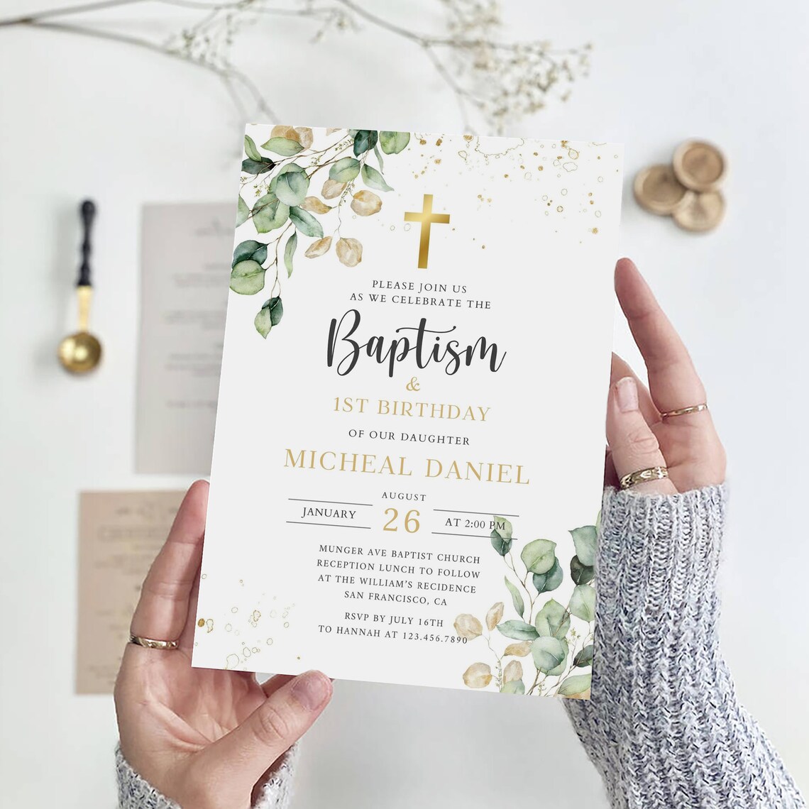 Greenery Baptism and 1st Birthday Invitation Template (digital Download ...
