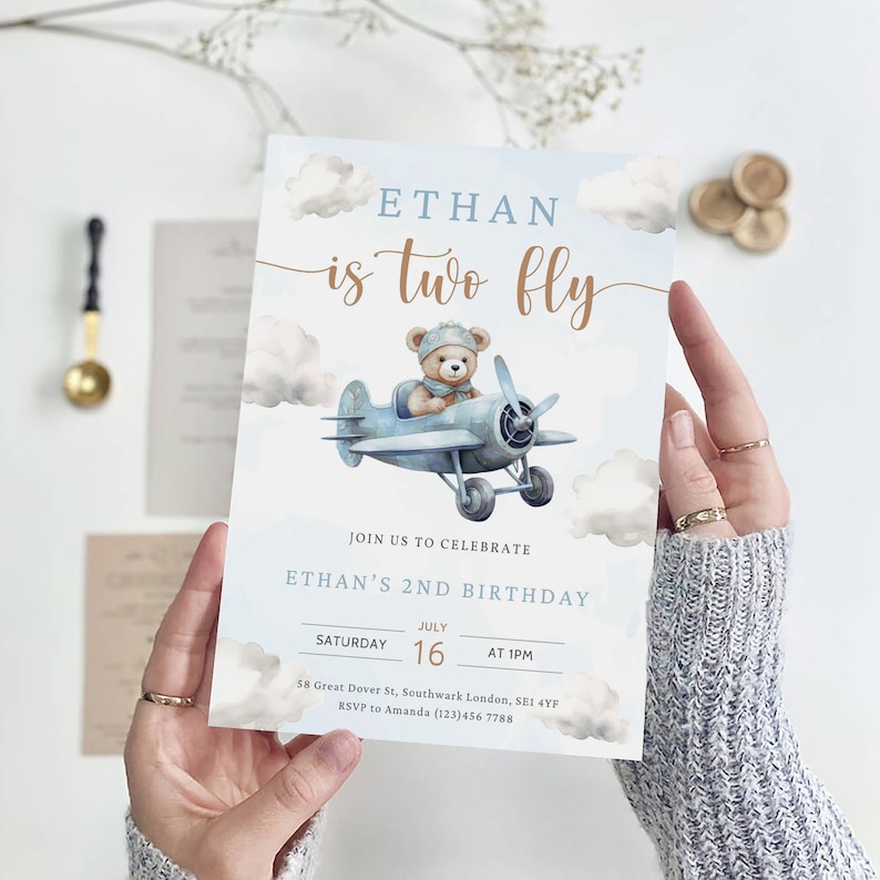 Teddy Bear 2nd Birthday Invitation Template, Airplane Second Birthday ...