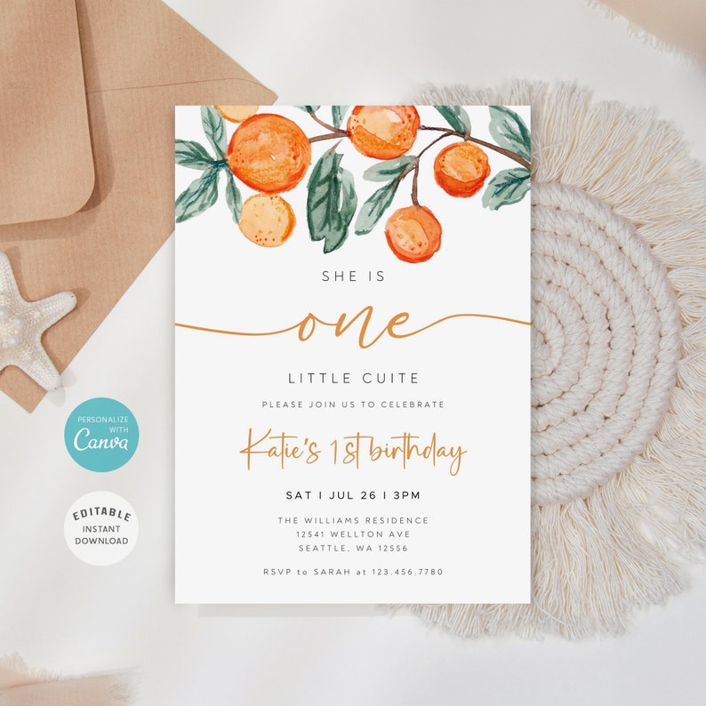 Editable Cutie 1st Birthday Invitation, Orange Birthday Invite, Citrus ...