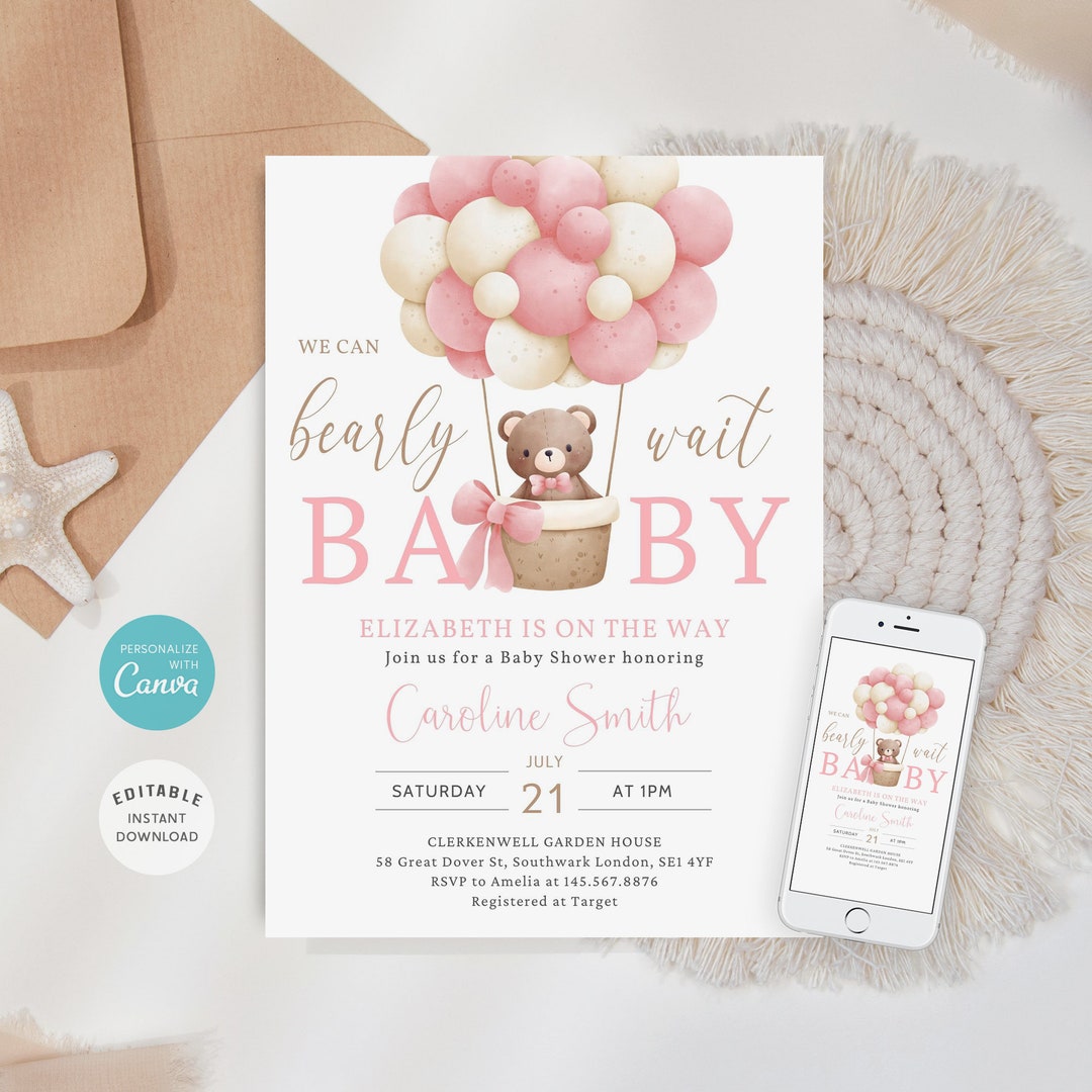 Bear Balloon Baby Shower Invitation, We Can Bearly Wait Invite, Girl ...