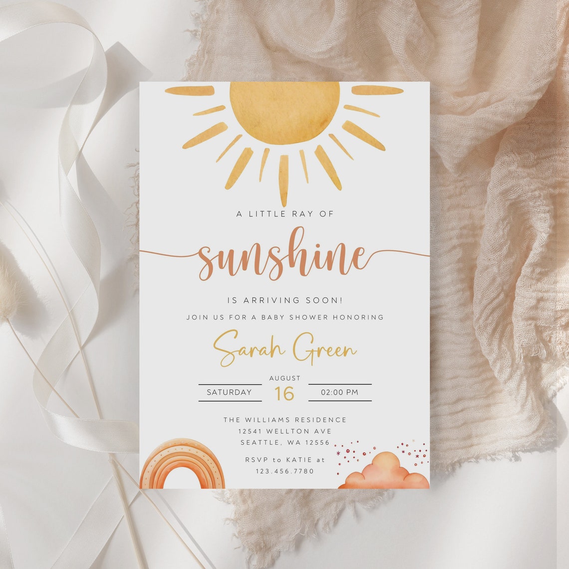 Sunshine Baby Shower Invitation, Editable Template (digital Download ...