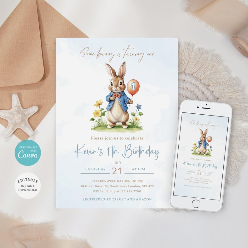 Peter Rabbit First Birthday Invitation Template, Some Bunny is One ...