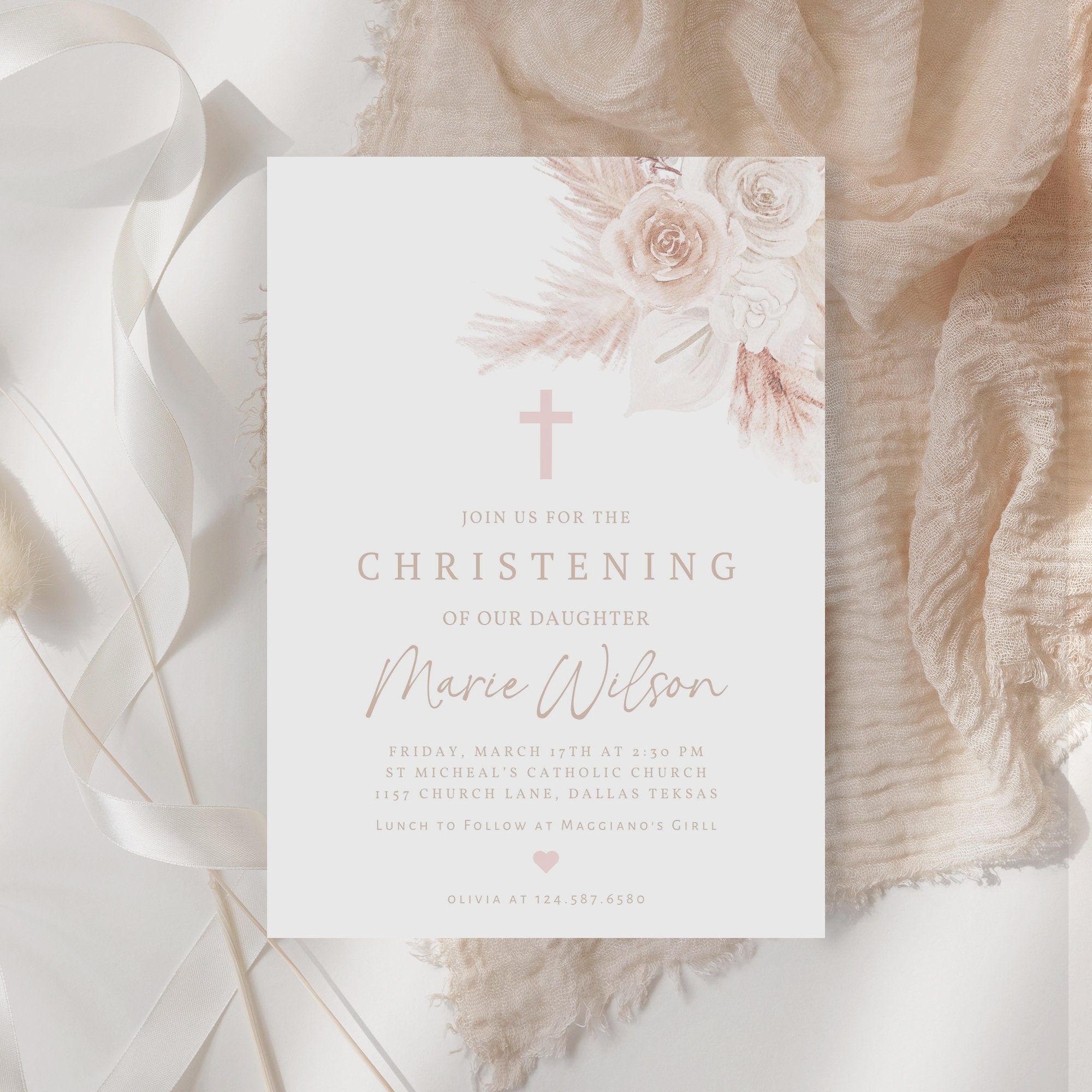 Boho Floral Christening Invitation Template, Pink Flowers (canva ...