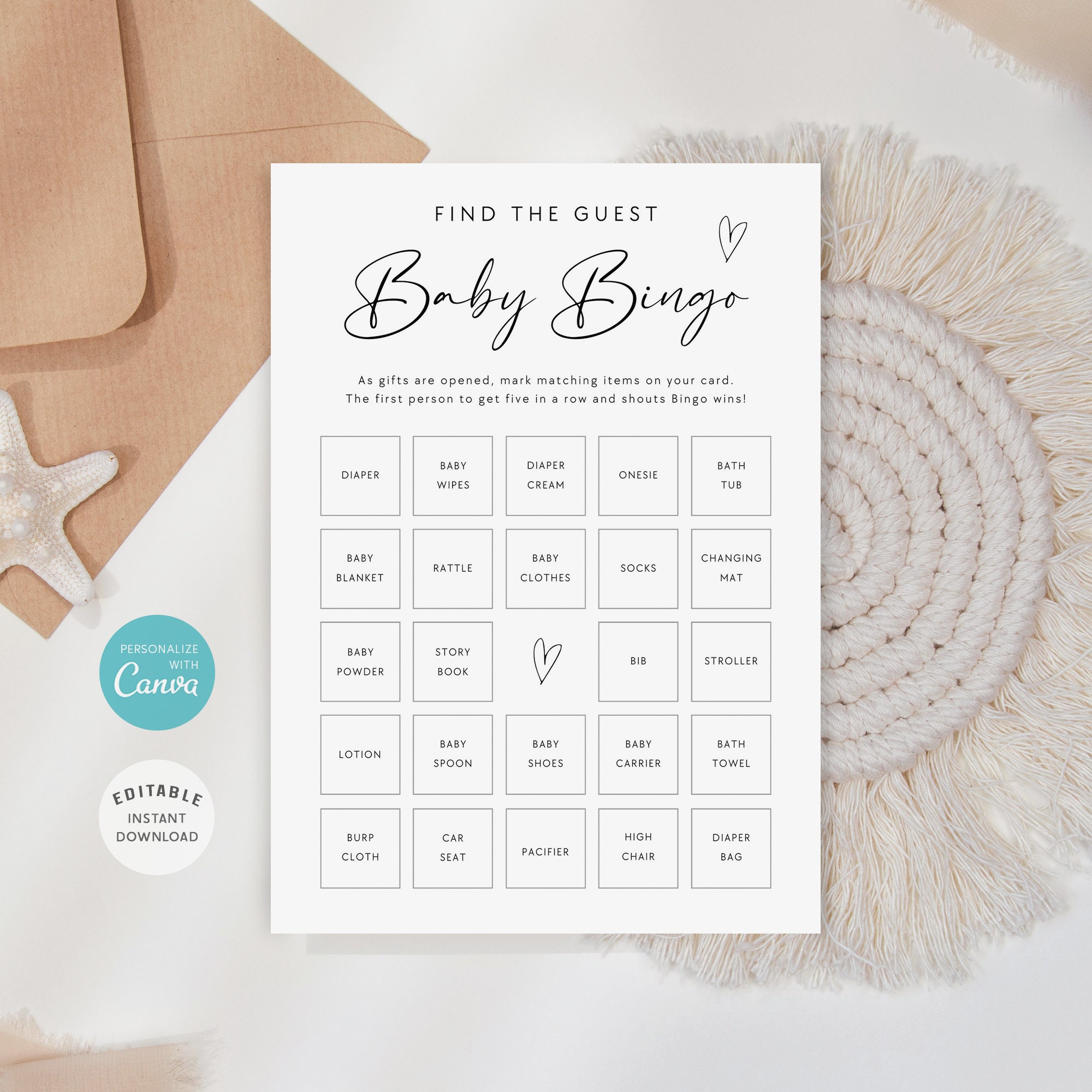 Baby Bingo Game, Printable Minimalist Baby Shower Game Template, Baby ...