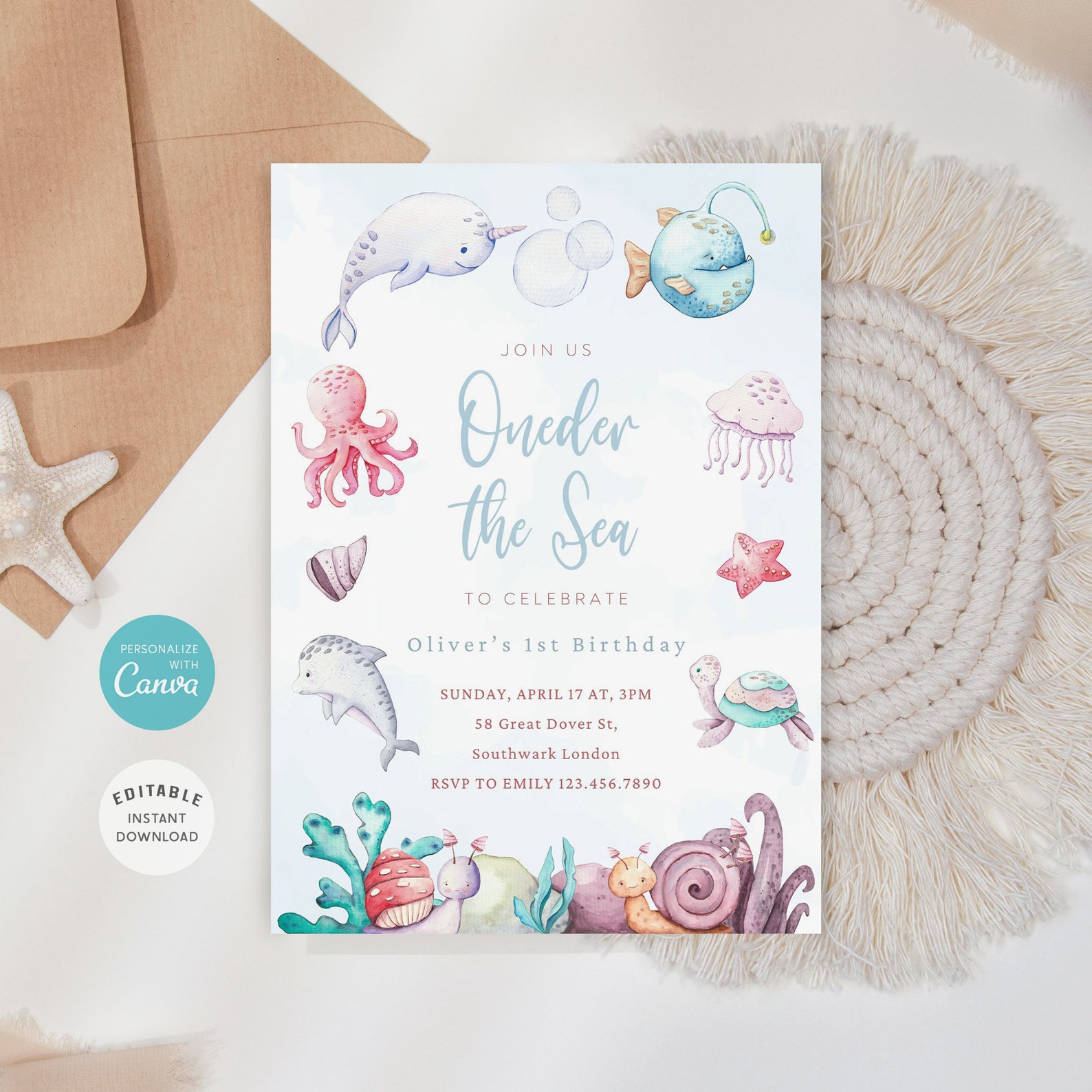 Oneder the Sea Birthday Invitation, Ocean Animals Invite, Editable 1st ...