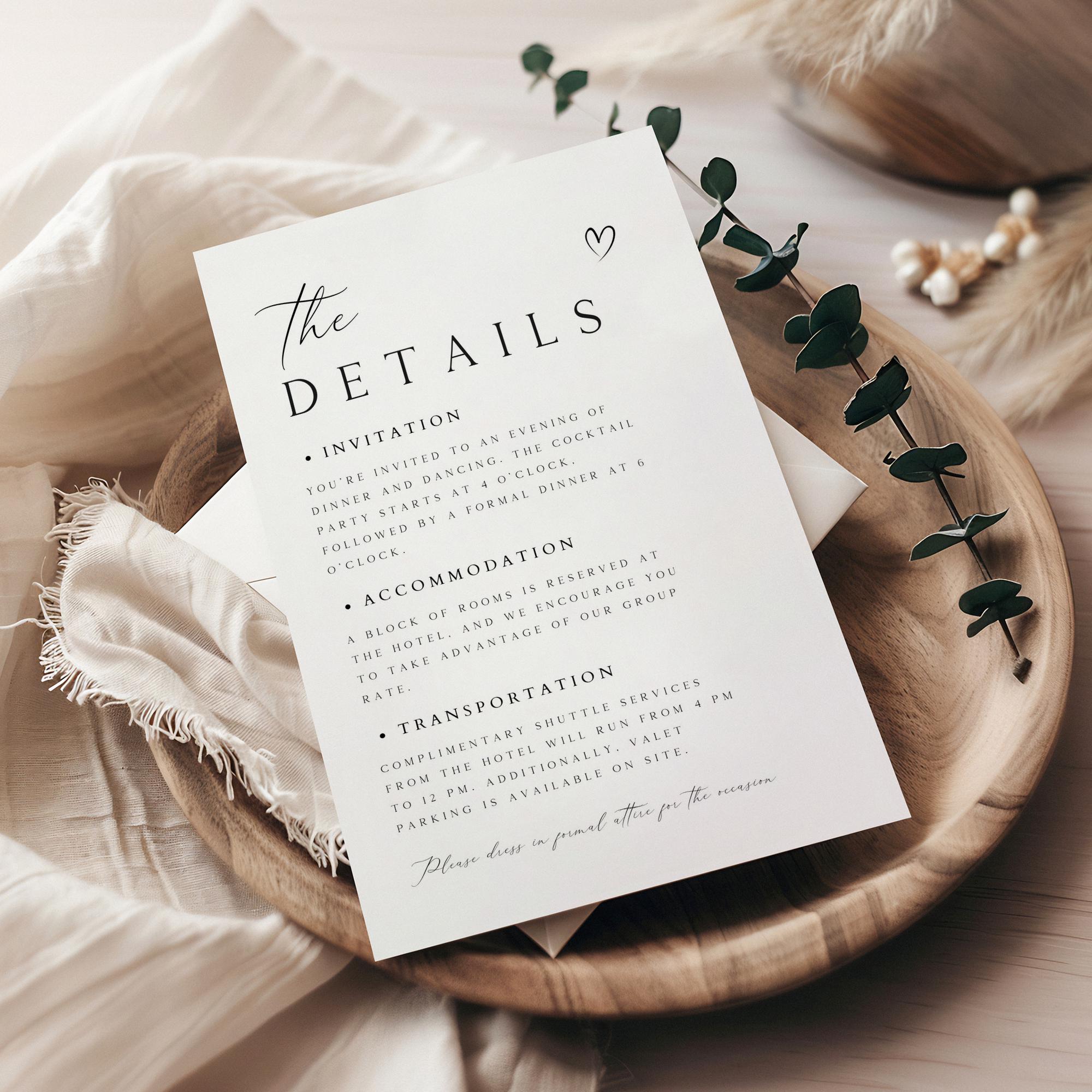 Wedding Details Card Template, Minimalist Wedding Insert, Editable ...