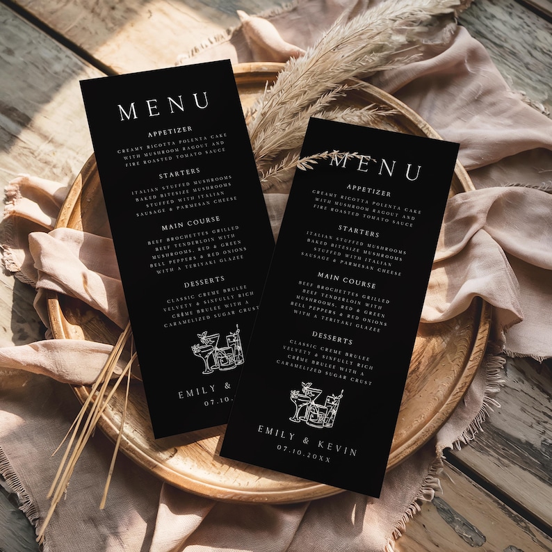 Modern Script Menu Card, Black Wedding Dinner Template, ( Dijital ...