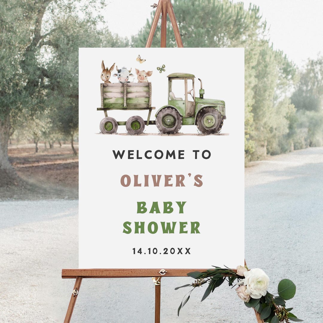 Editable Farm Baby Shower Welcome Sign, Tractor Animals Poster (digital ...