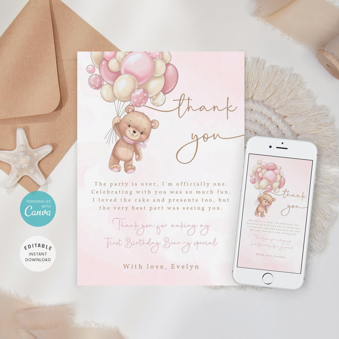 Teddy Bear Baby Shower Thank You Card, Pink Thank You Note, Editable ...