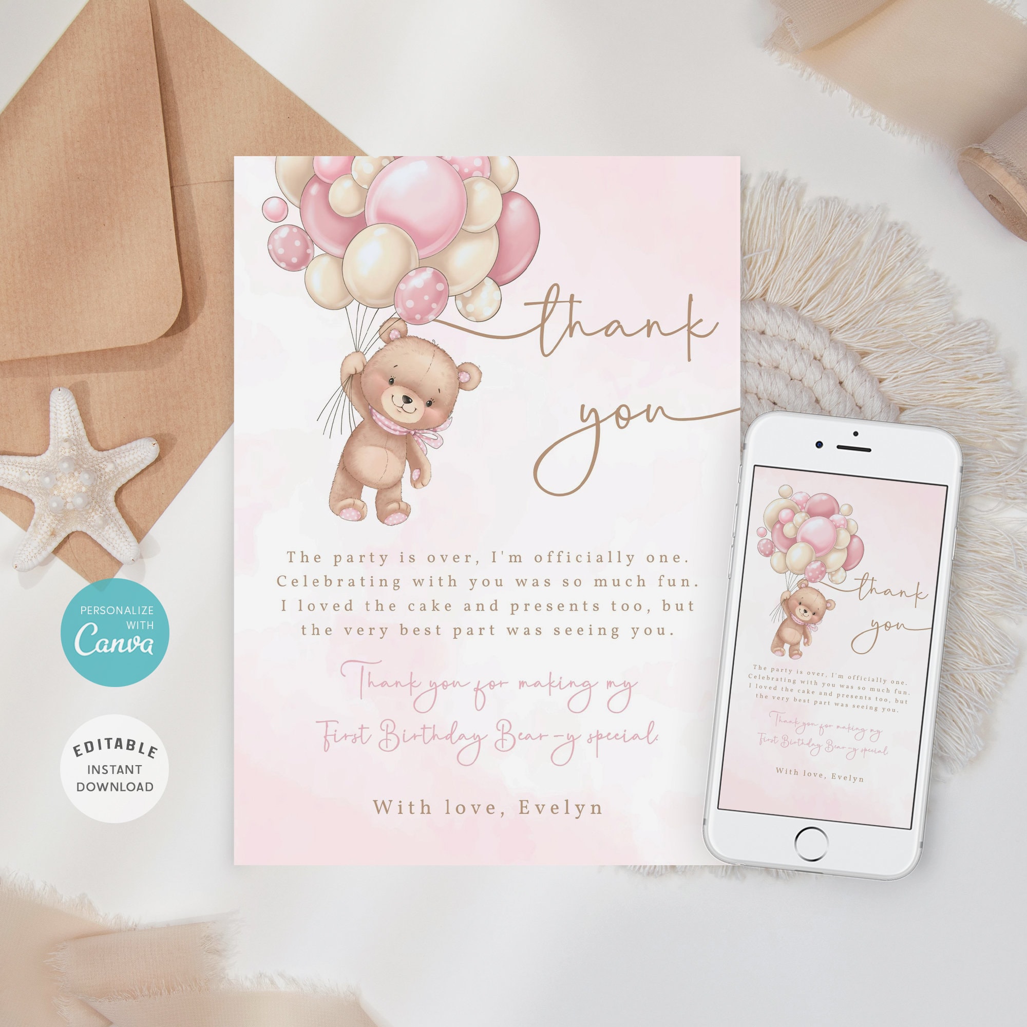 Teddy Bear Baby Shower Thank You Card, Pink Thank You Note, Editable ...