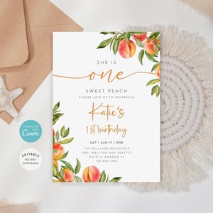 Editable Peach 1st Birthday Invitation, One Sweet Peach First Birthday ...