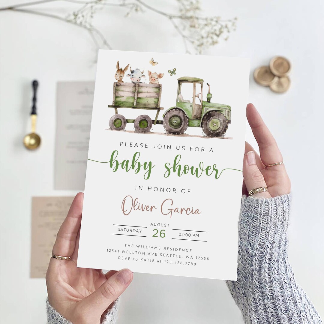 Farm Baby Shower Invitation Template, Green Tractor Baby Shower Invite ...