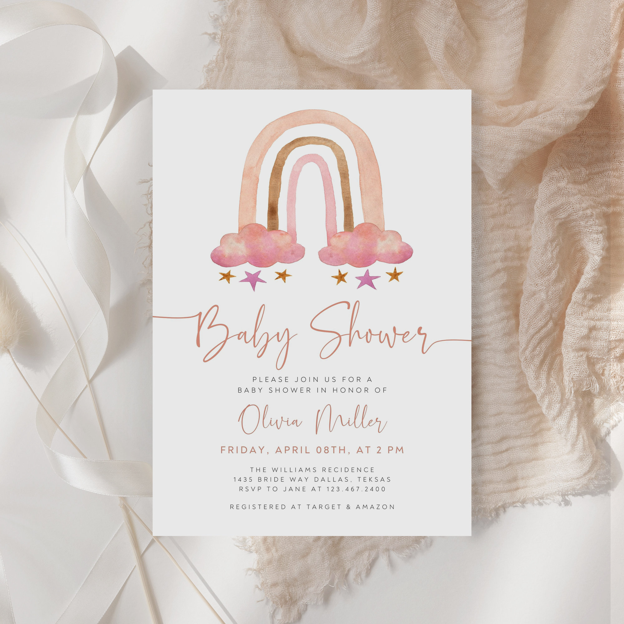 Editable Boho Rainbow Baby Shower Invitation, Pink Rainbow Baby Shower ...