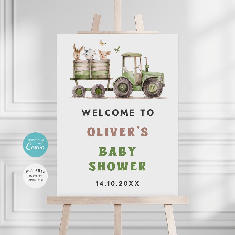 Editable Farm Baby Shower Welcome Sign, Tractor Animals Poster (digital ...