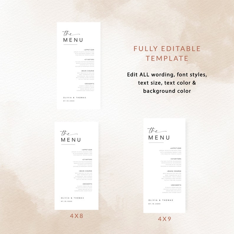 Minimalist Dinner Food Menu Card, Elegant Wedding Menu, ( Dijital ...