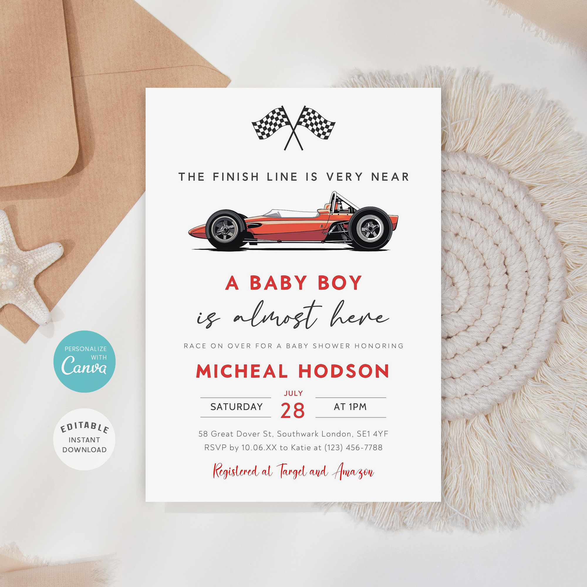 Editable Race Car Baby Shower Invitation, Red Race Car Invite, Racing ...