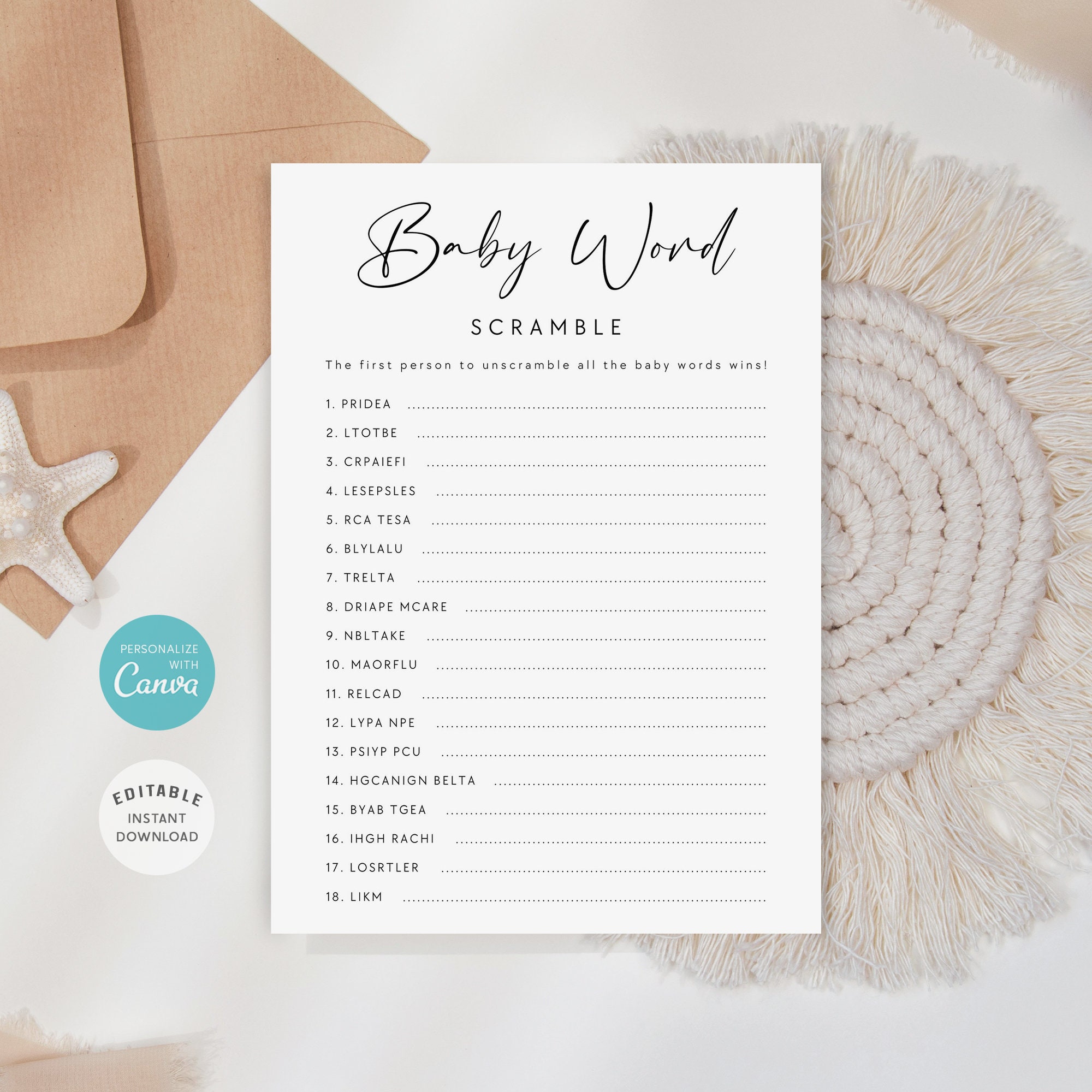 Baby Word Scramble Game Template, Baby Shower Word Scramble Game, Baby ...