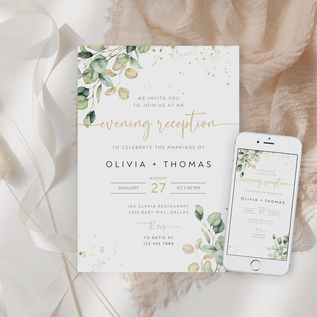 Wedding Evening Reception Invitation Template, Greenery Wedding ...