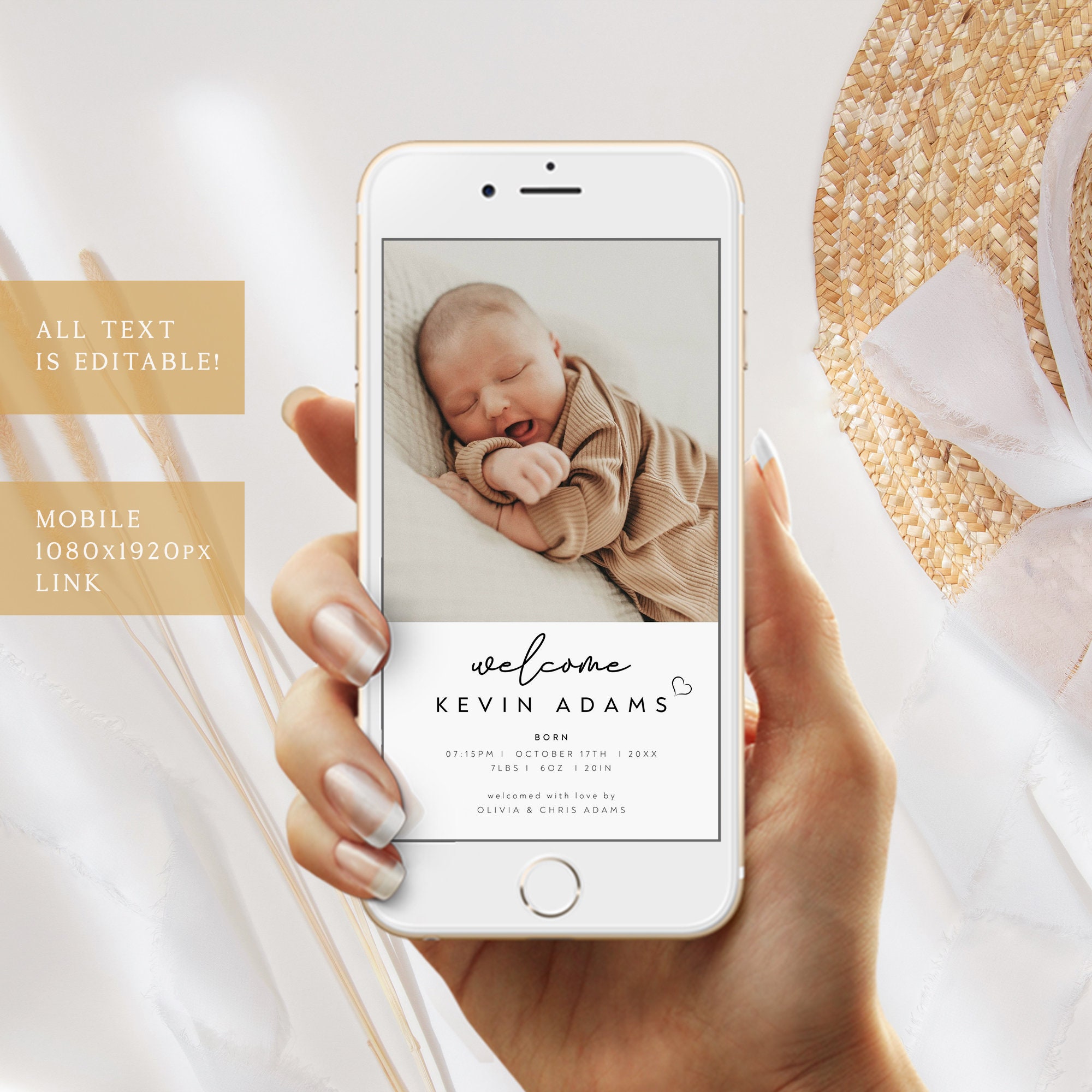 Mobile Birth Announcement Template, Photo Baby Announcement, Digital ...
