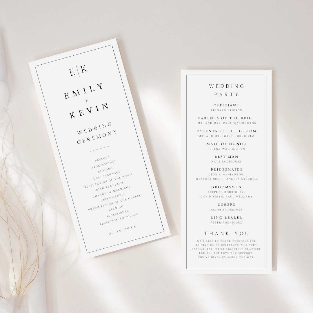 Wedding Program Template, Minimalist Wedding Program Card, Modern Order ...