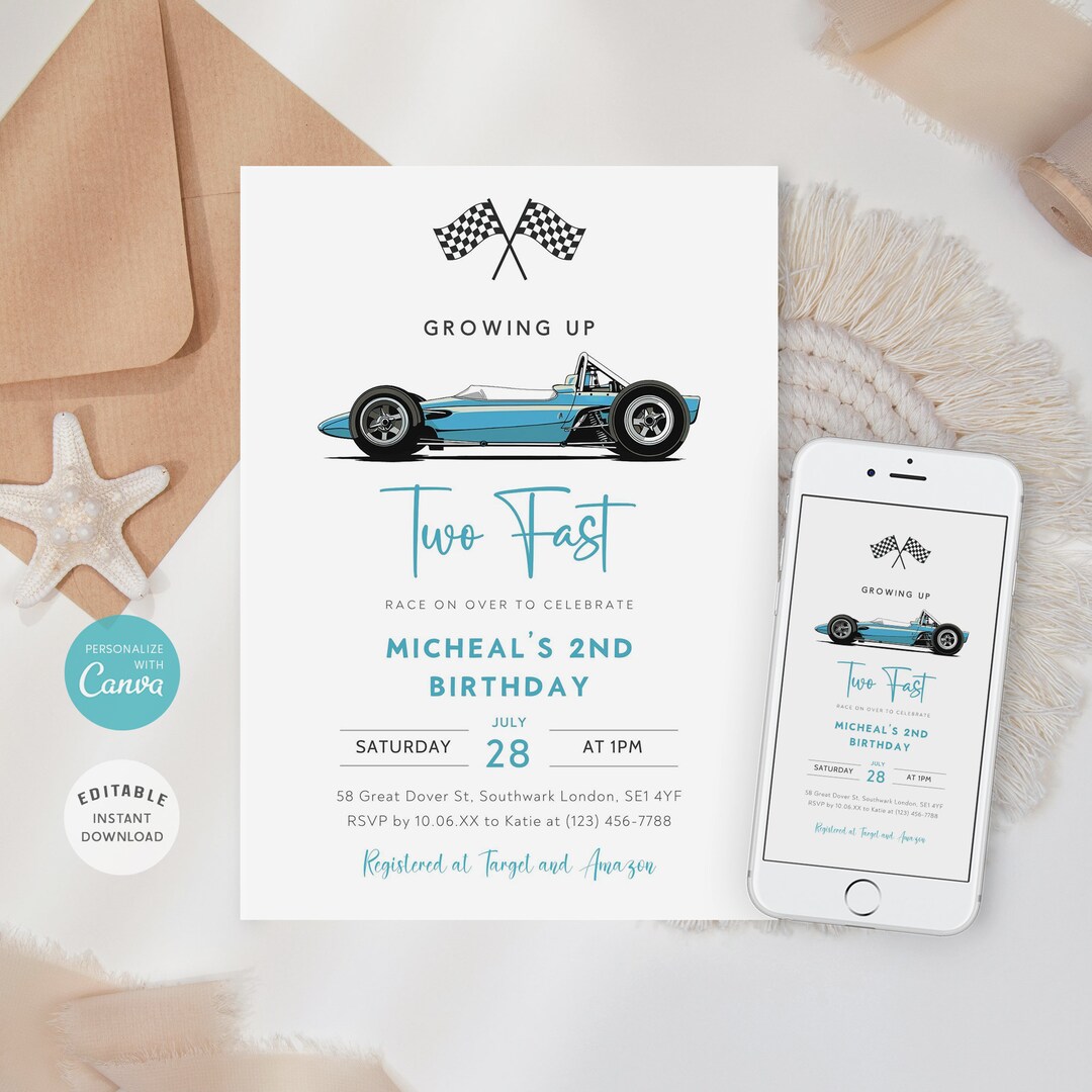 Editable Race Car Birthday Invite, Two Fast Birthday Invitation, Racing ...