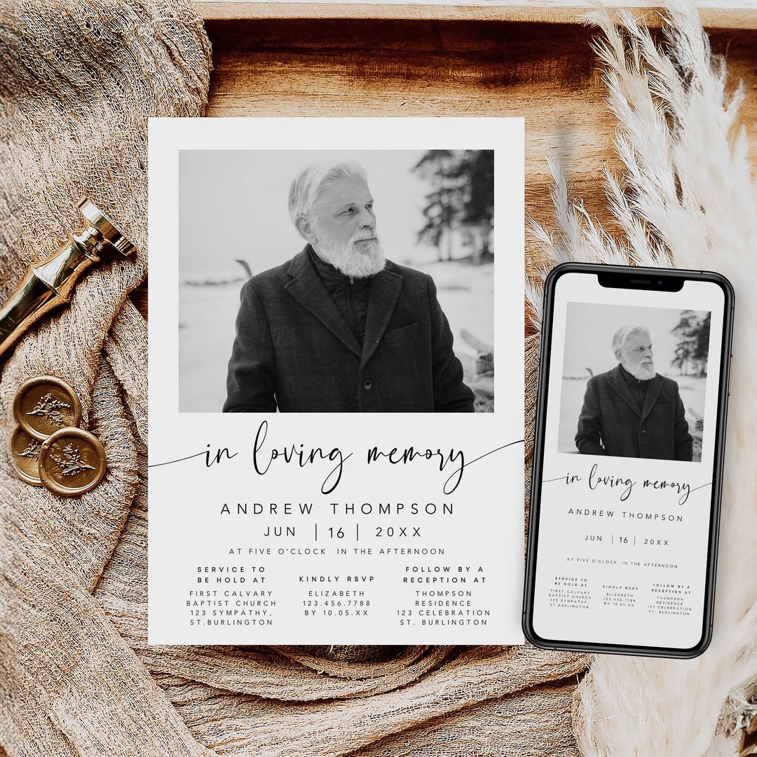 Memorial Service Invitation, Funeral Announcement Template, Photo ...