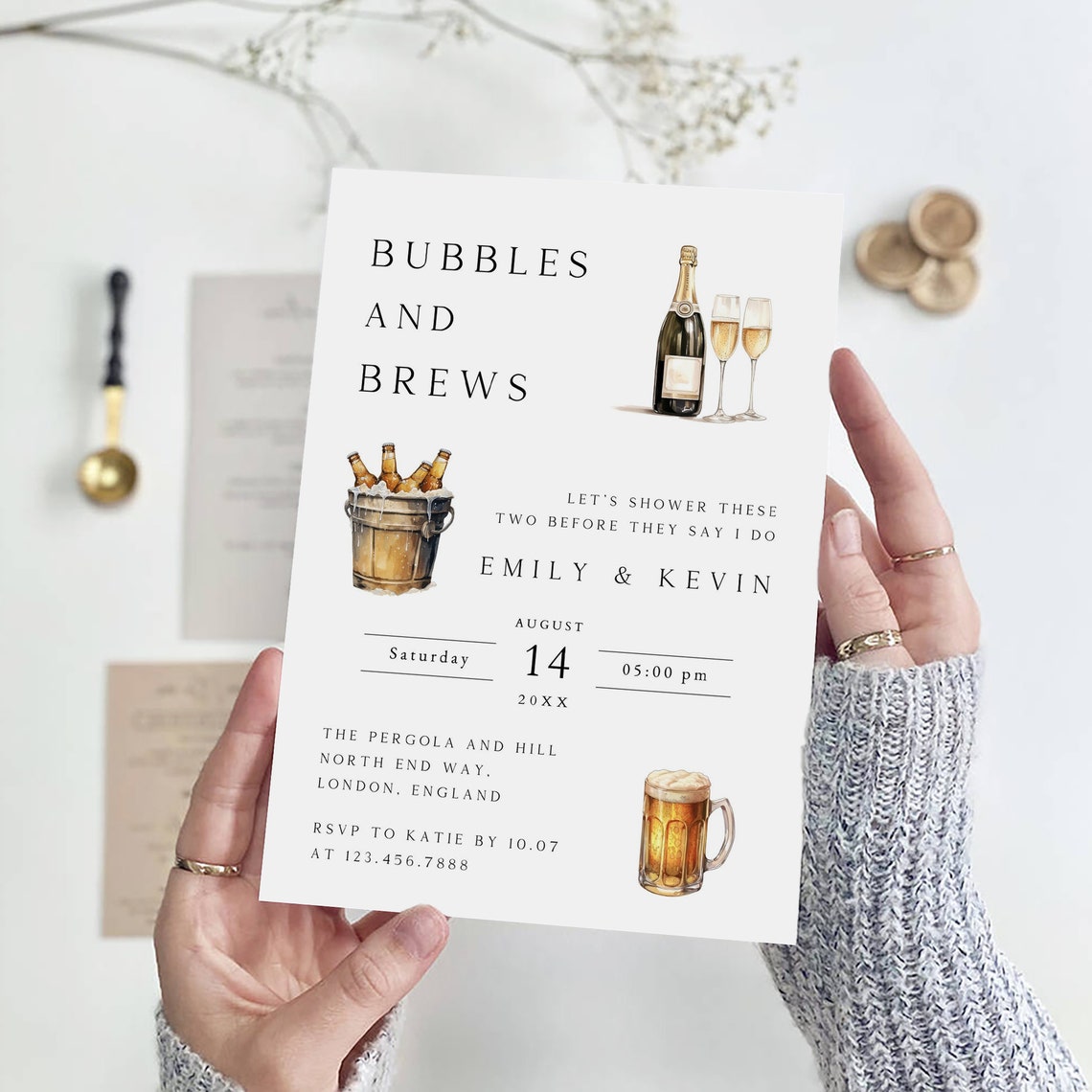 Editable Bubbles and Brews Shower Invitation, Brews and Bubbly Bridal ...