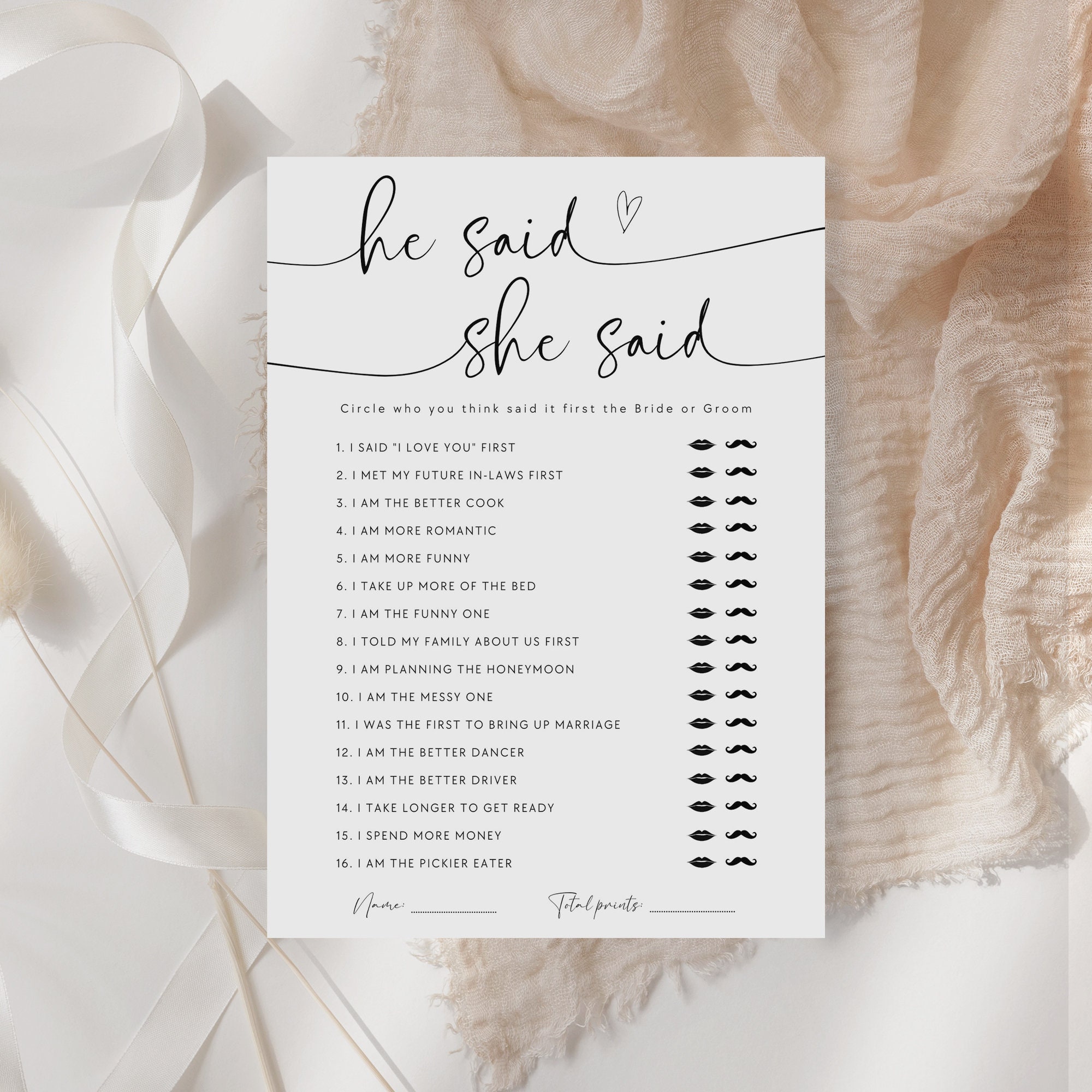 He Said She Said Game Card, Bridal Shower Game, Printable He Said She ...