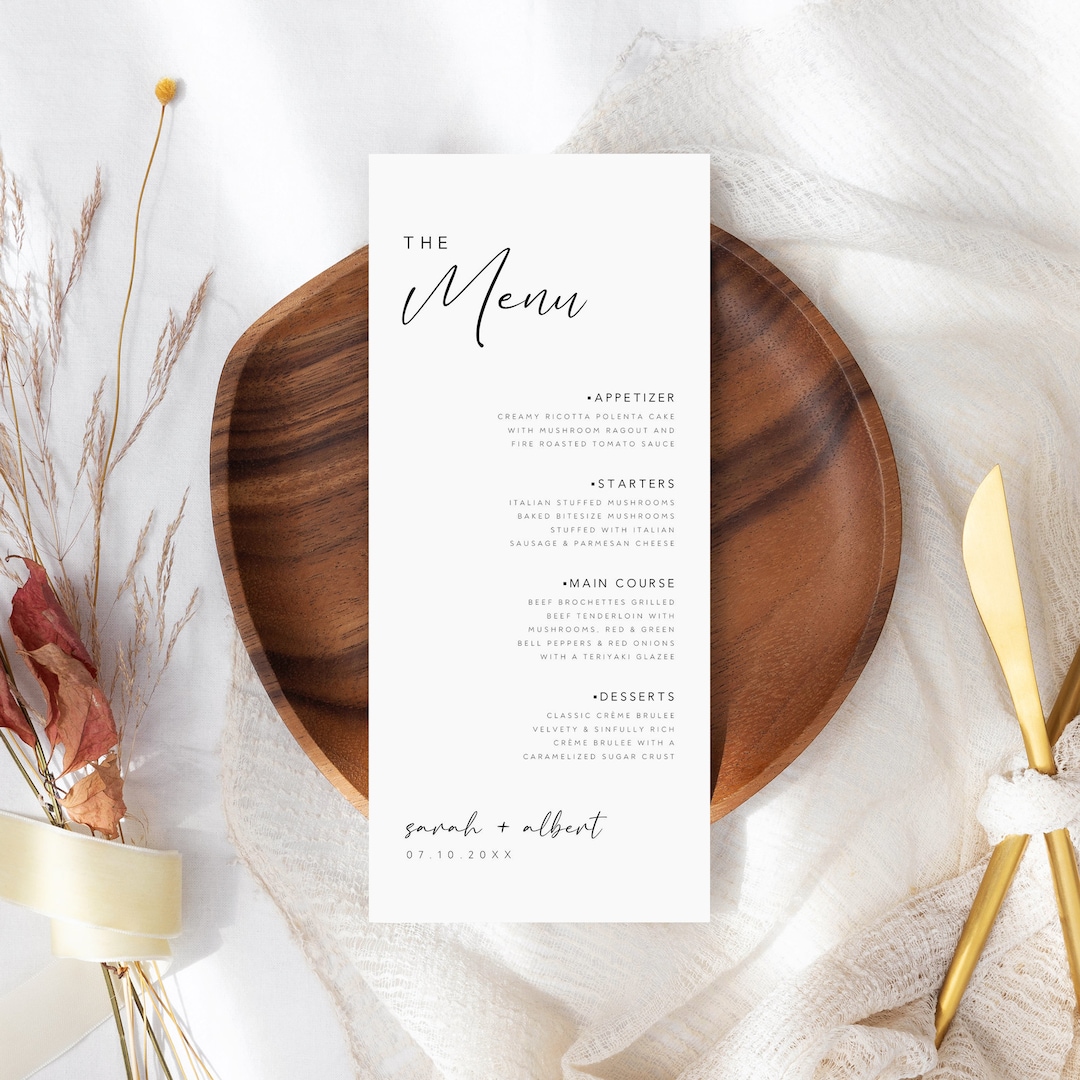 Elegant Wedding Menu Template, Modern Script Wedding Dinner Menu ...