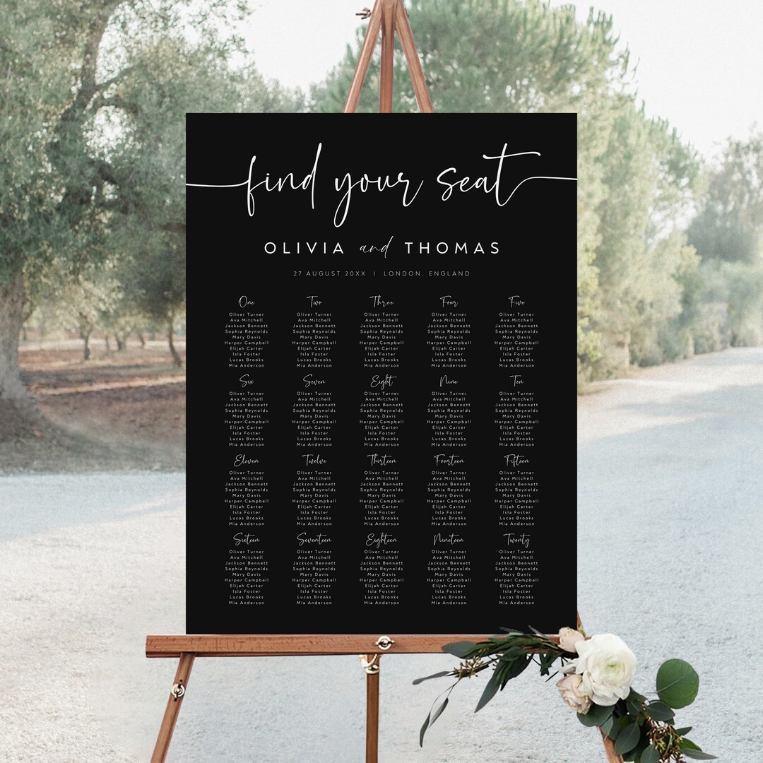 Black Table Seating Chart Template, Minimalist Wedding Seating Plan ...