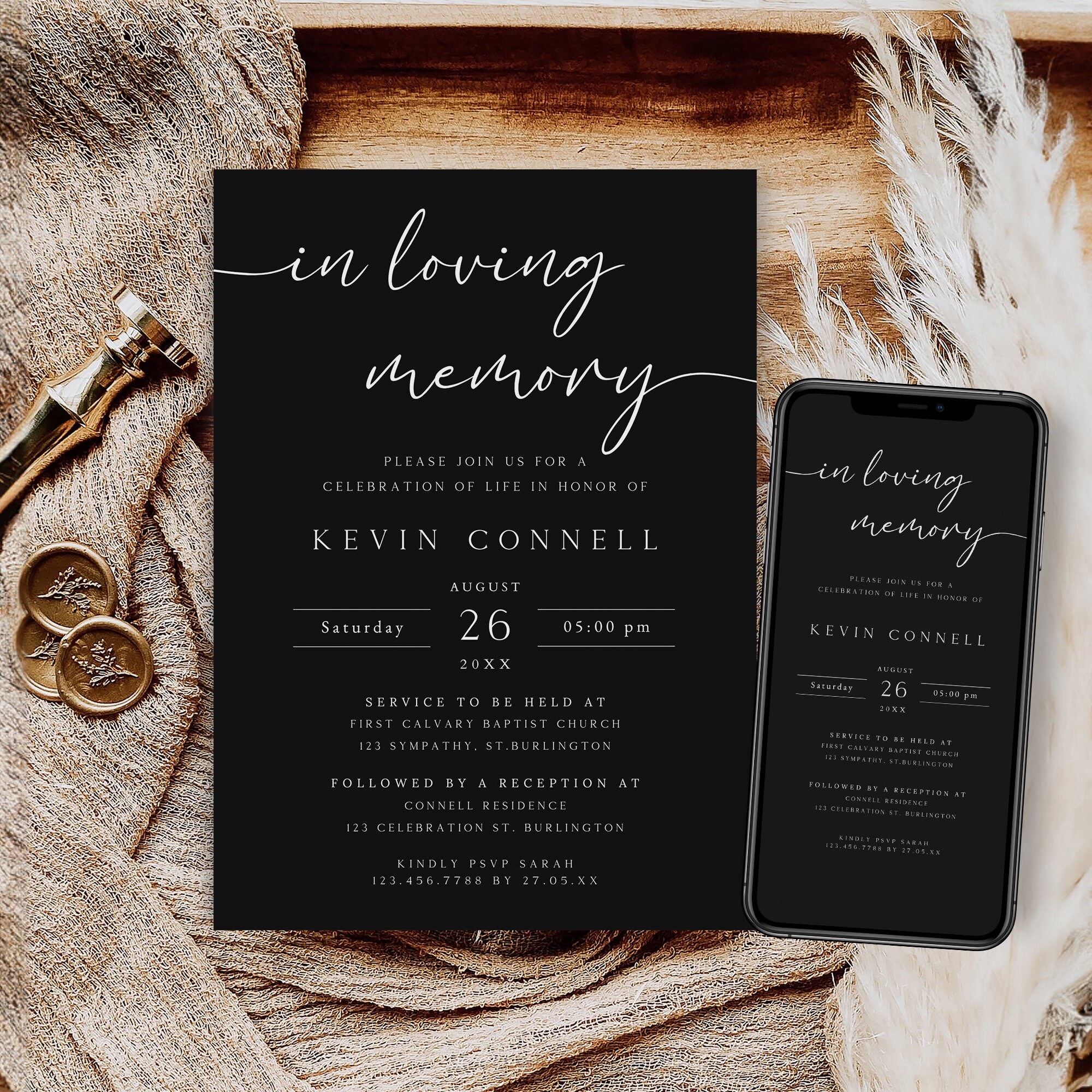 Funeral Announcement Template, Memorial Service Invitation, Edirable ...
