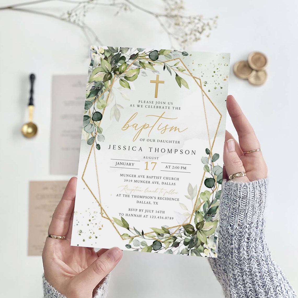 Greenery Baptism Invitation Template, Editable Invite (digital Download ...