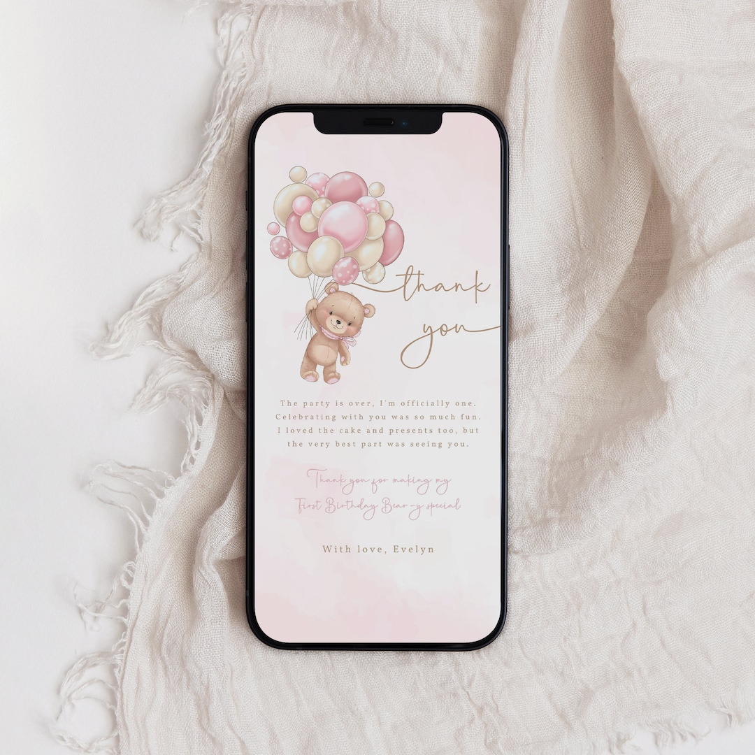 Teddy Bear Baby Shower Thank You Card, Electronic Pink Thank You Note ...