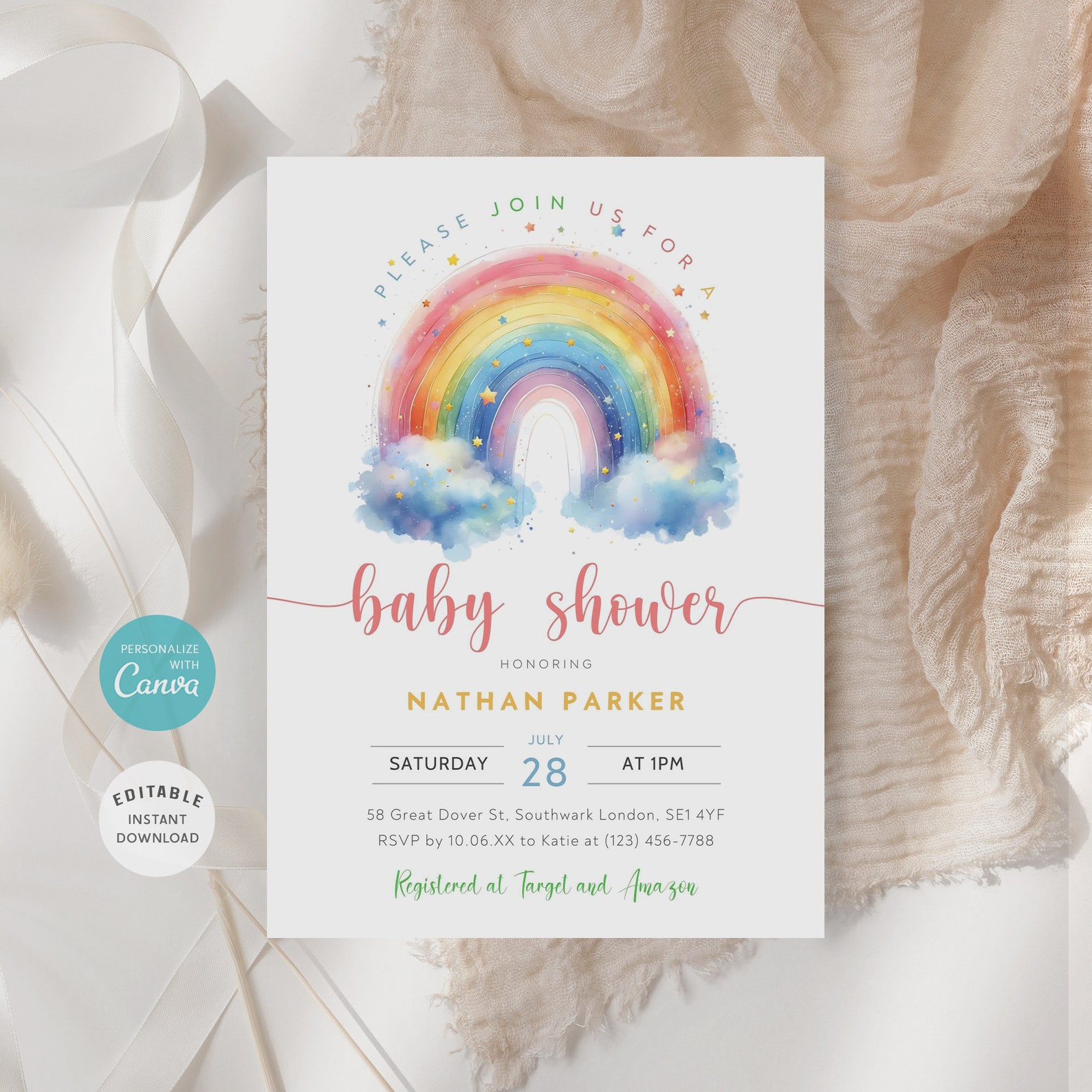 Editable Rainbow Baby Shower Invitation, Colorful Pastel Rainbow Baby ...