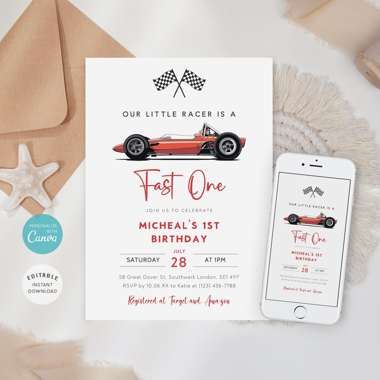 Editable Race Car First Birthday Invitation, Fast One Birthday Invite ...