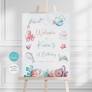 Editable Oneder the Sea Welcome Sign, 1st Birthday Poster, Ocean ...