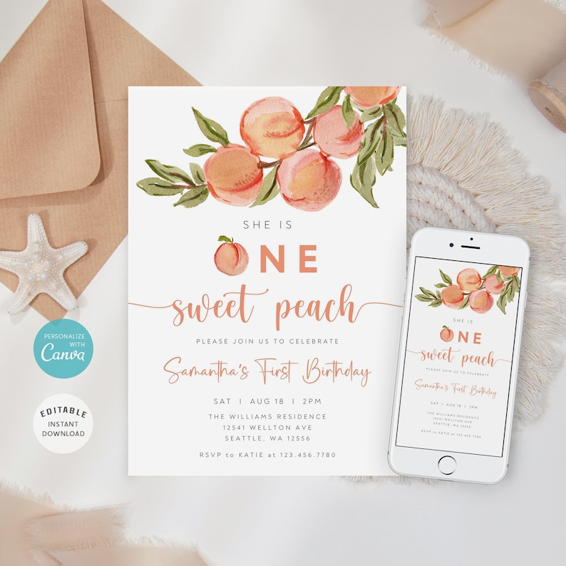 Peach First Birthday Invitation Template, Editable 1st Birthday Invite ...