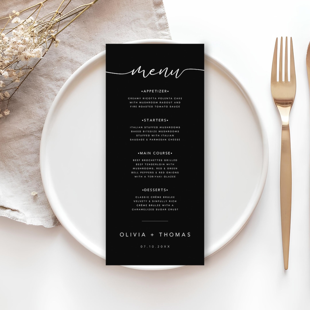 Minimalist Black Wedding Menu Card Template (digital Download) - Etsy